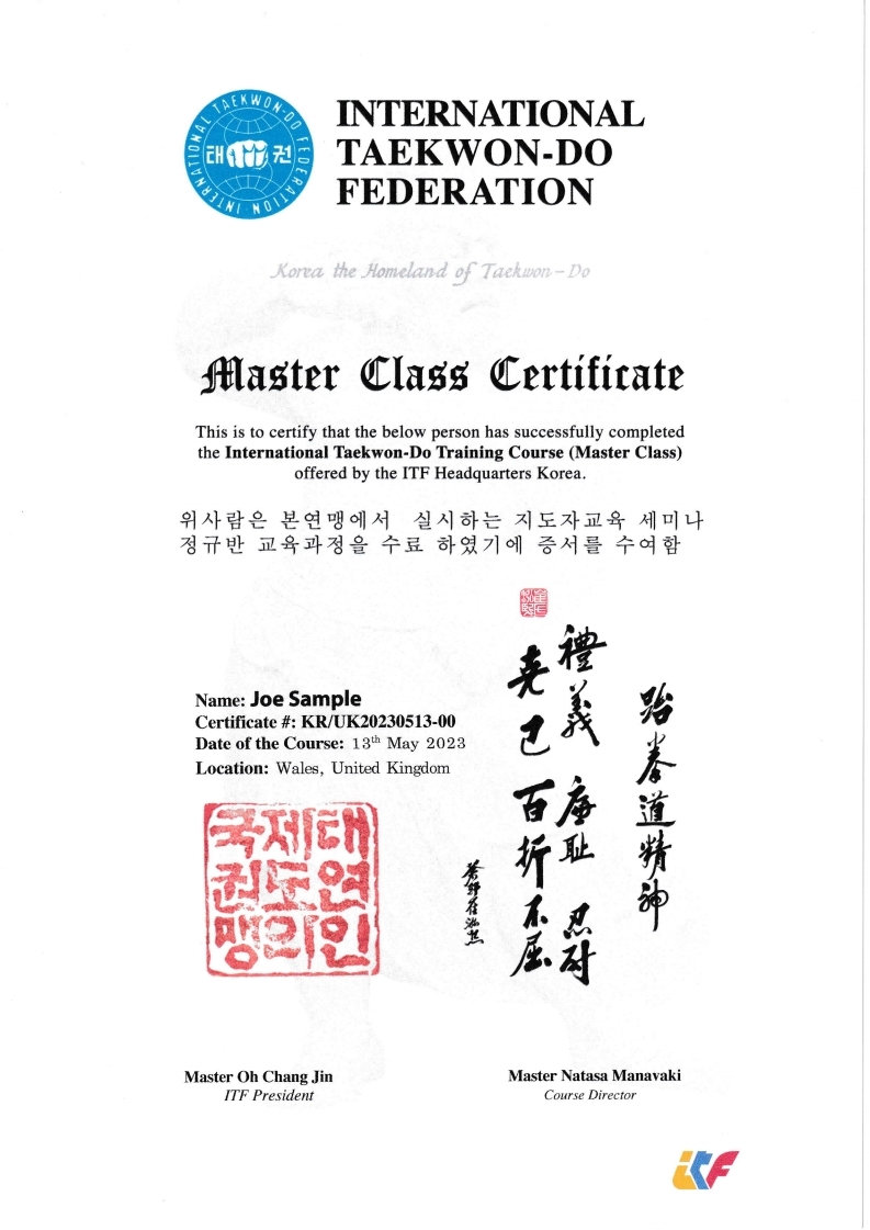 Certificates for Master Natasa Manavaki Seminar - Taekwon-do-Wales