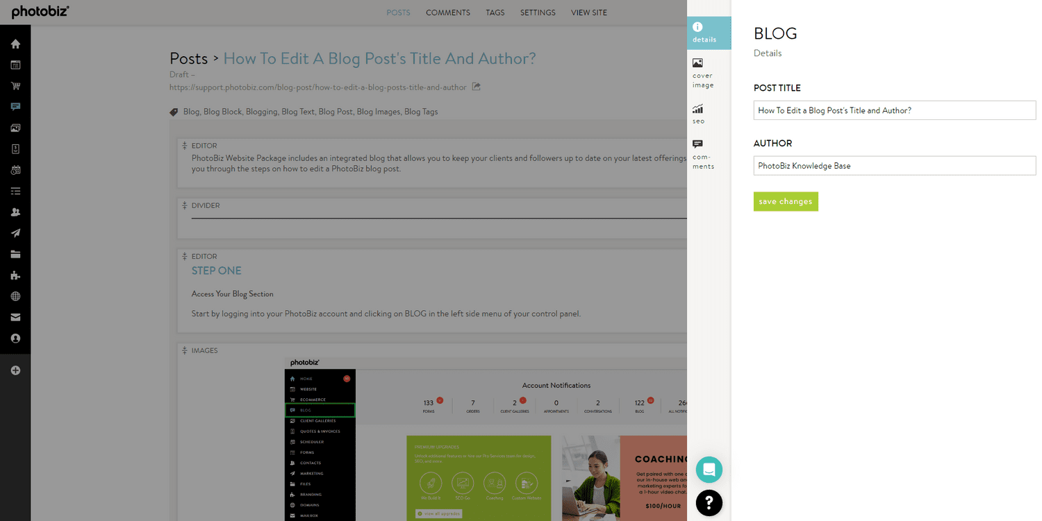 How To Edit a Blog Post's Title and Author? - PhotoBiz Knowledge Base